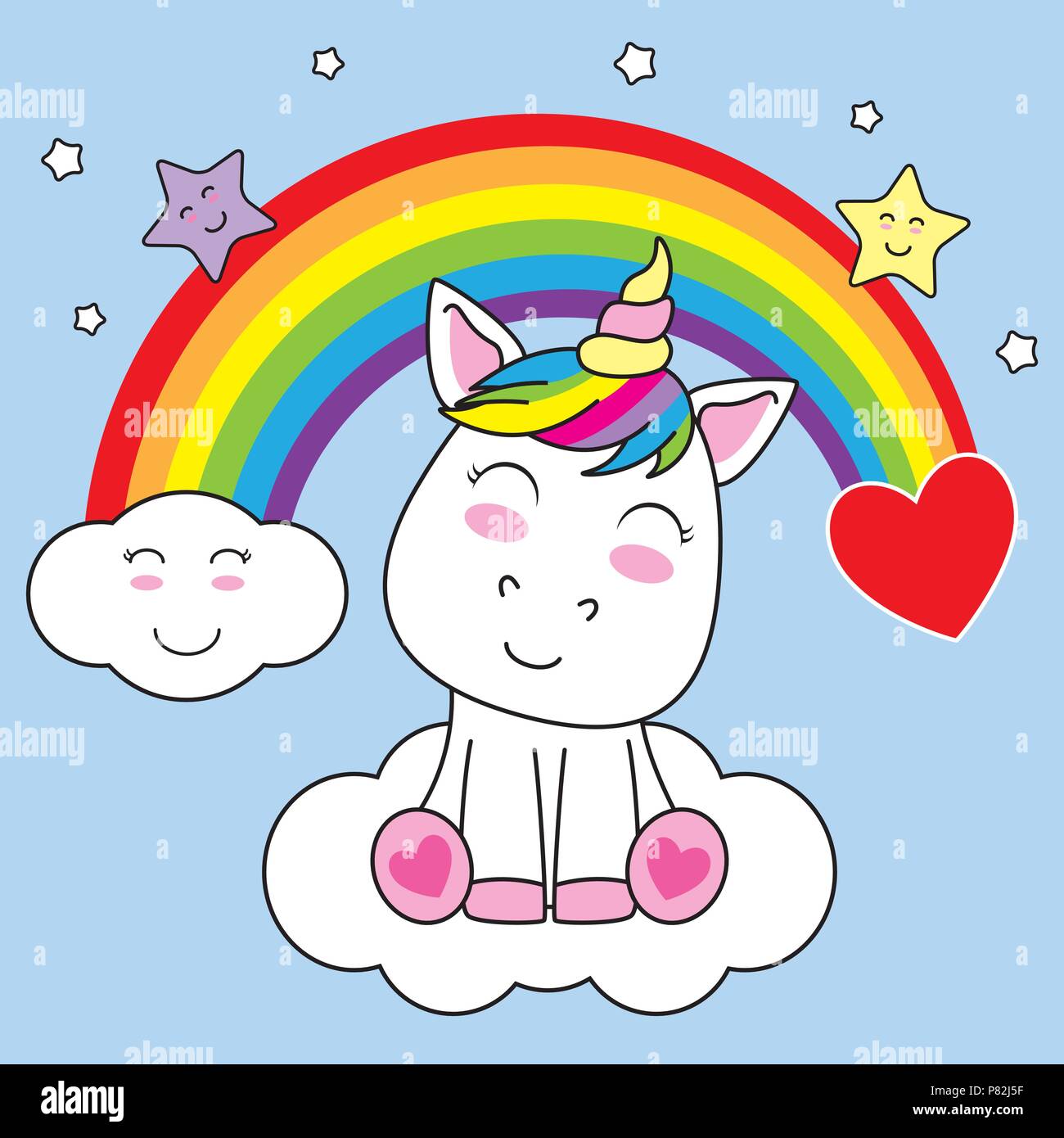 smiling unicorn sitting on a cloud and with rainbow in the sky Stock ...