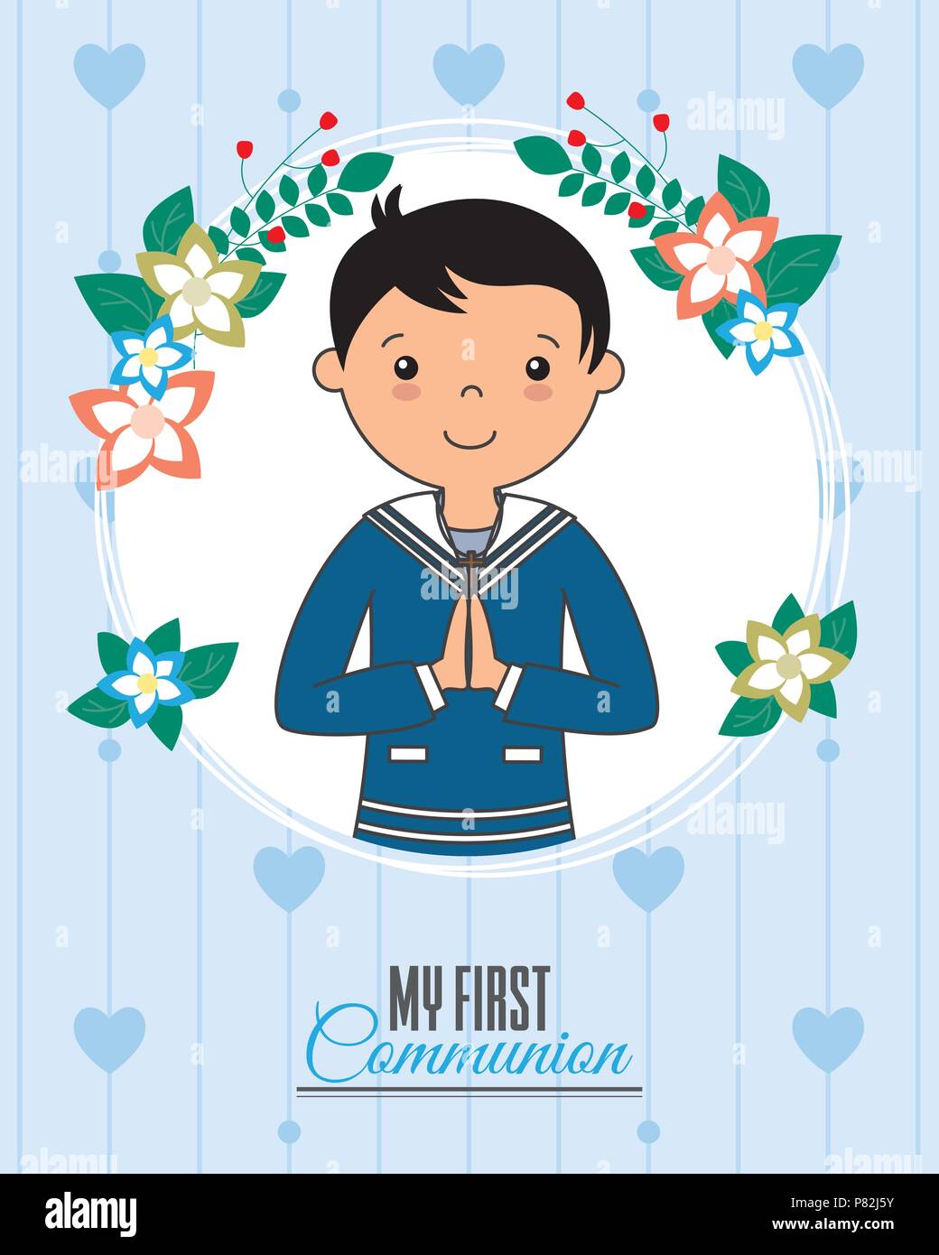 my first communion boy. Boy with communion dress and flower frame Stock ...