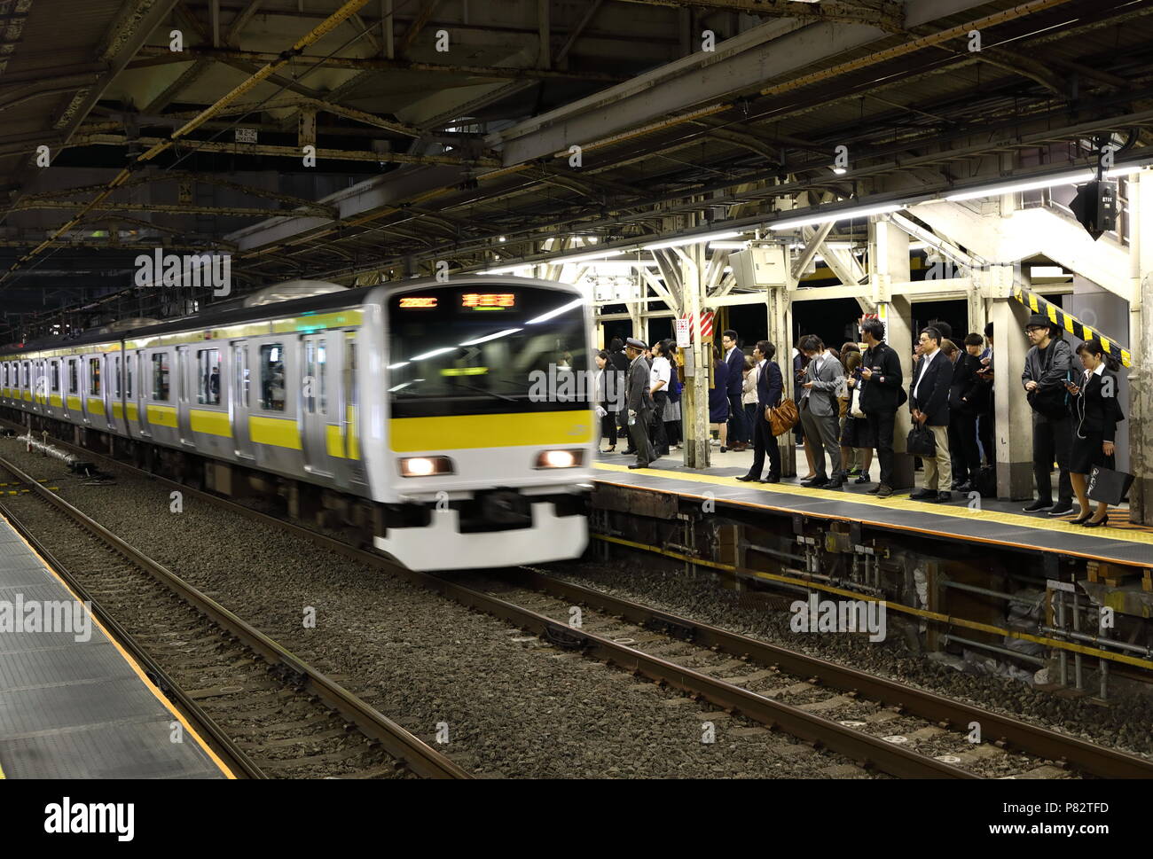 SENDAI, JAPAN - MAY 2018 : Train comming when people waiting for ...