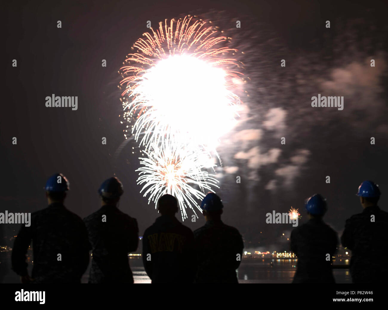 Wash. (July 4, 2016) Sailors observe a fireworks show over the Puget ...