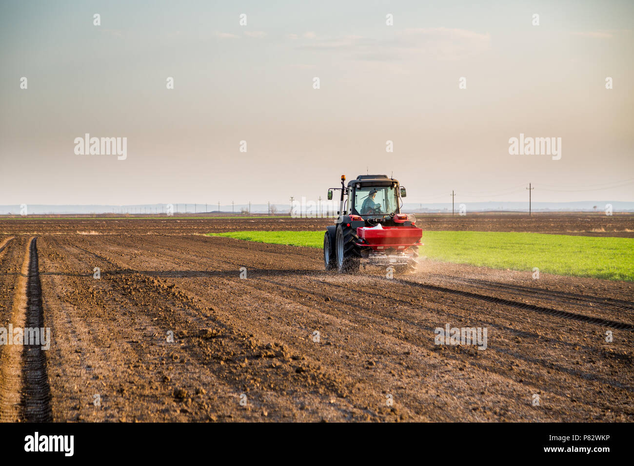 Farmer fertilizing arable land with nitrogen, phosphorus, potassium ...