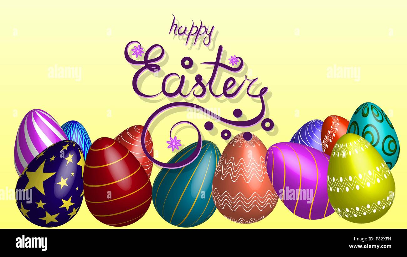 Vector illustration with eggs.. Inscription - happy Easter. Yellow ...