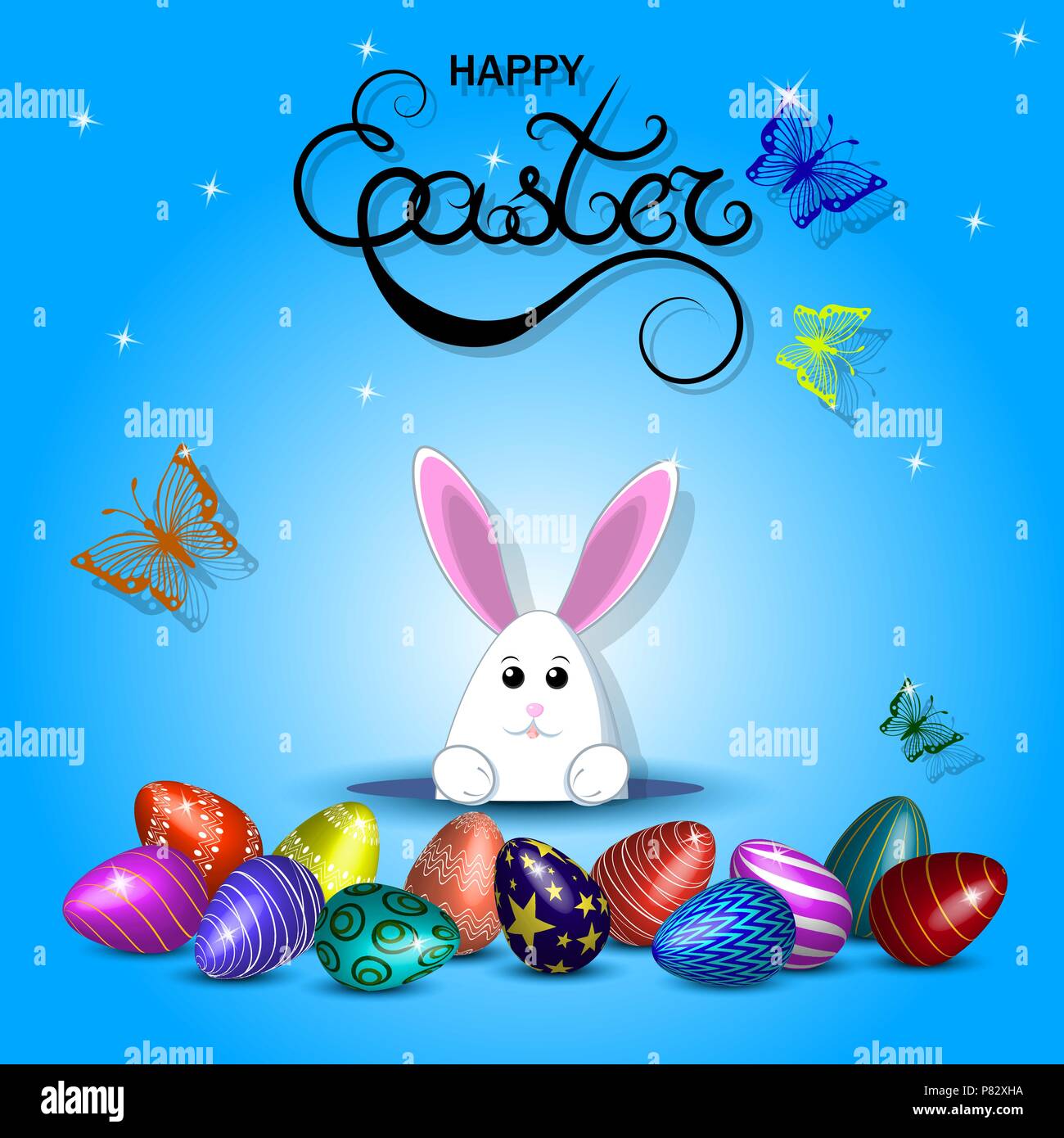 Vector illustration with eggs, hares and butterflies. Inscription ...