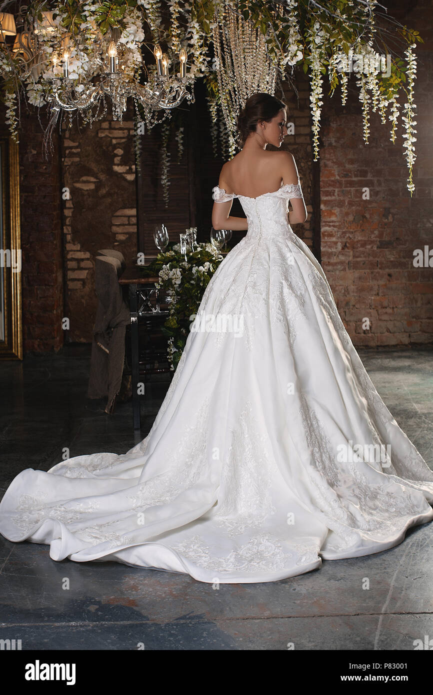 Portrait of a beautiful bride. Lace dress. Wedding hairstyle and makeup ...