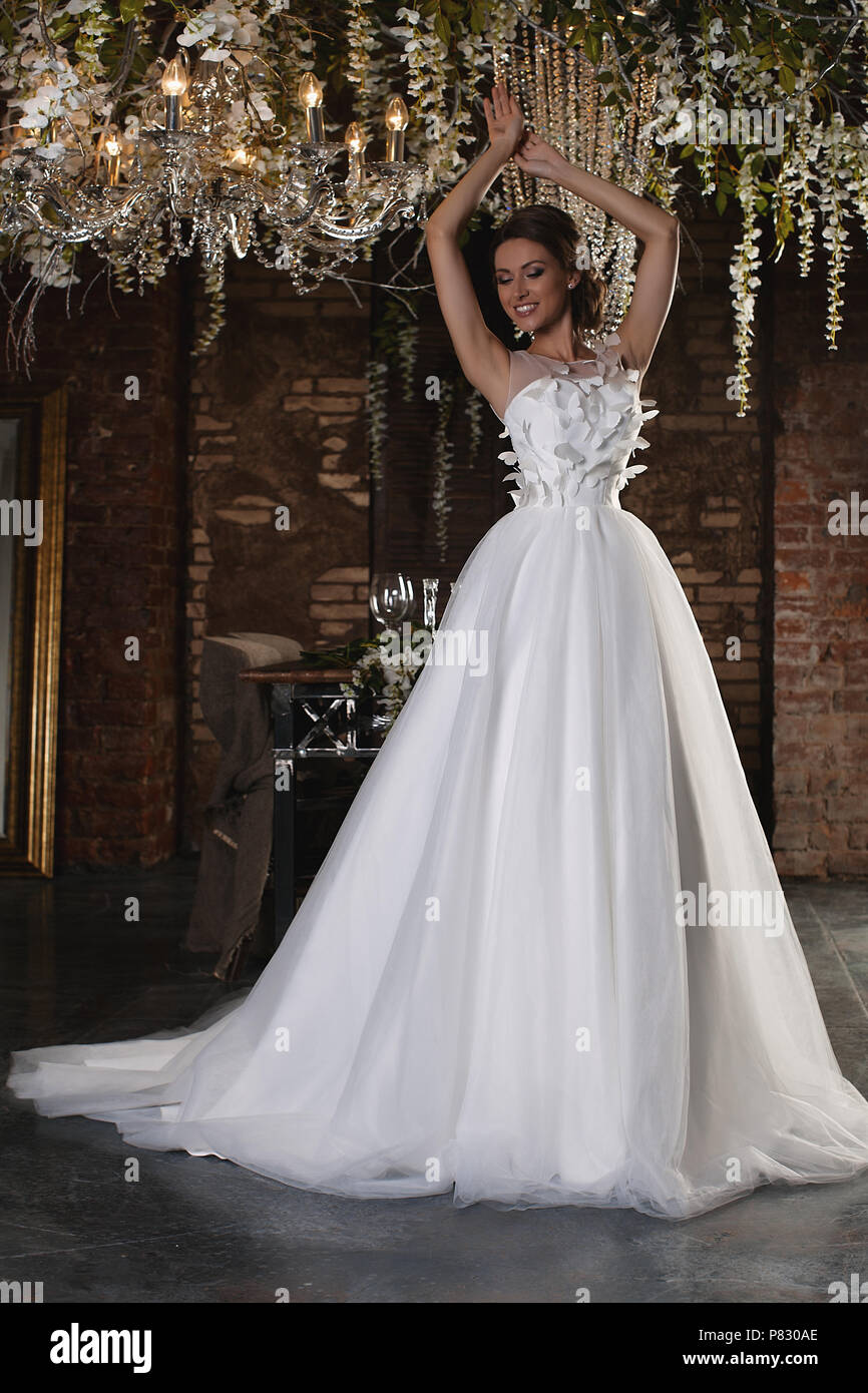 Portrait of a beautiful bride. Lace dress. Wedding hairstyle and makeup ...