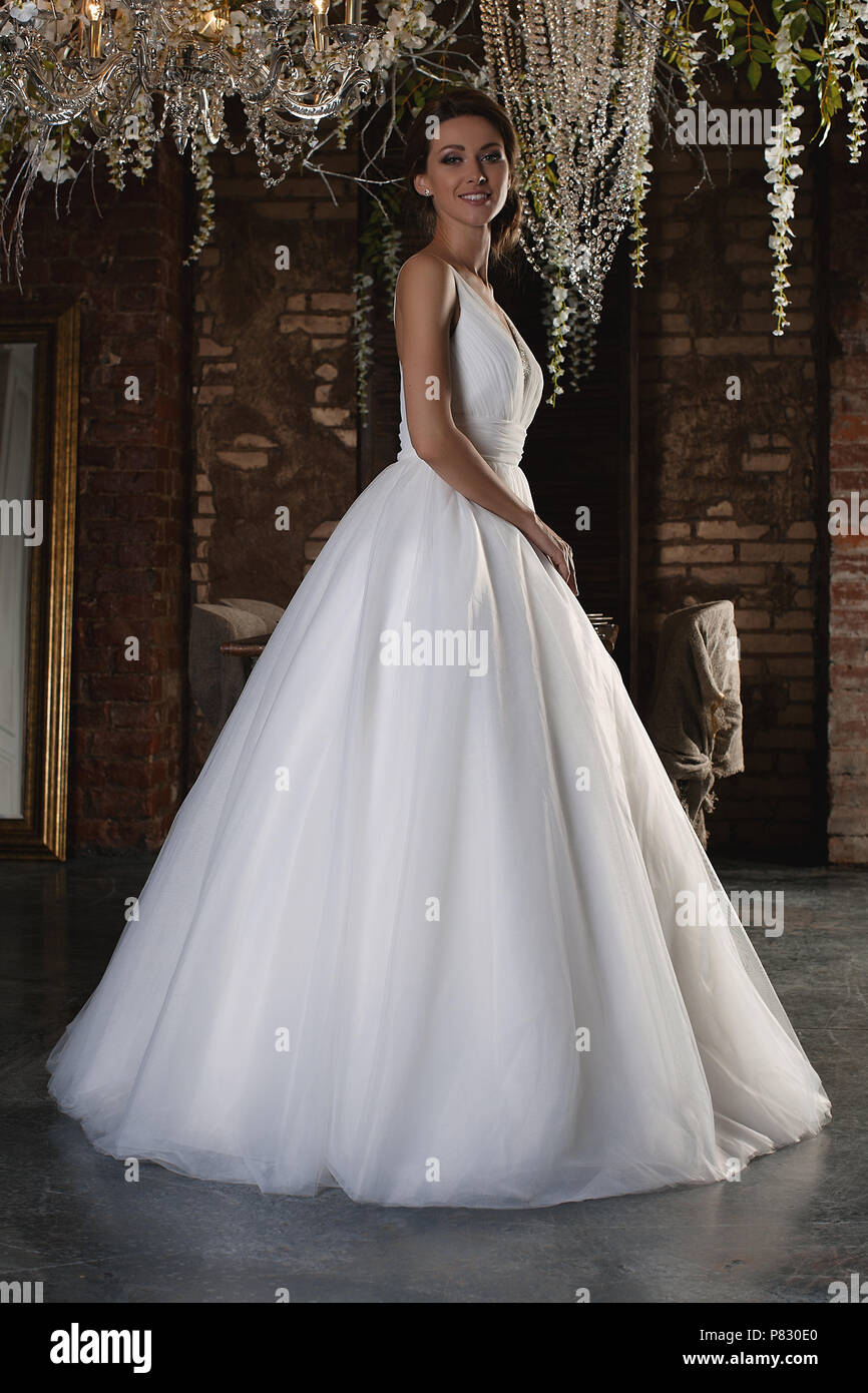 Portrait of a beautiful bride. Lace dress. Wedding hairstyle and makeup ...