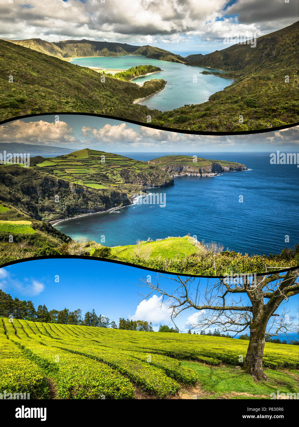 Collage of Azores panoramic landscape from lagoons Portugal Stock Photo ...