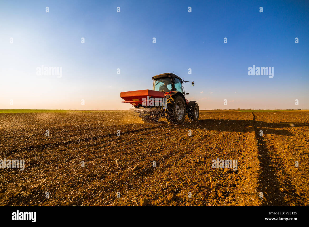 Farmer fertilizing arable land with nitrogen, phosphorus, potassium ...