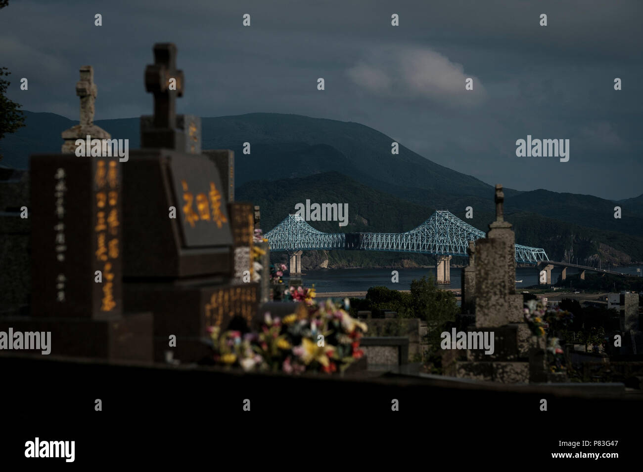 View of Ikitsuki bridge from a cemetery, this bridge is the only road ...