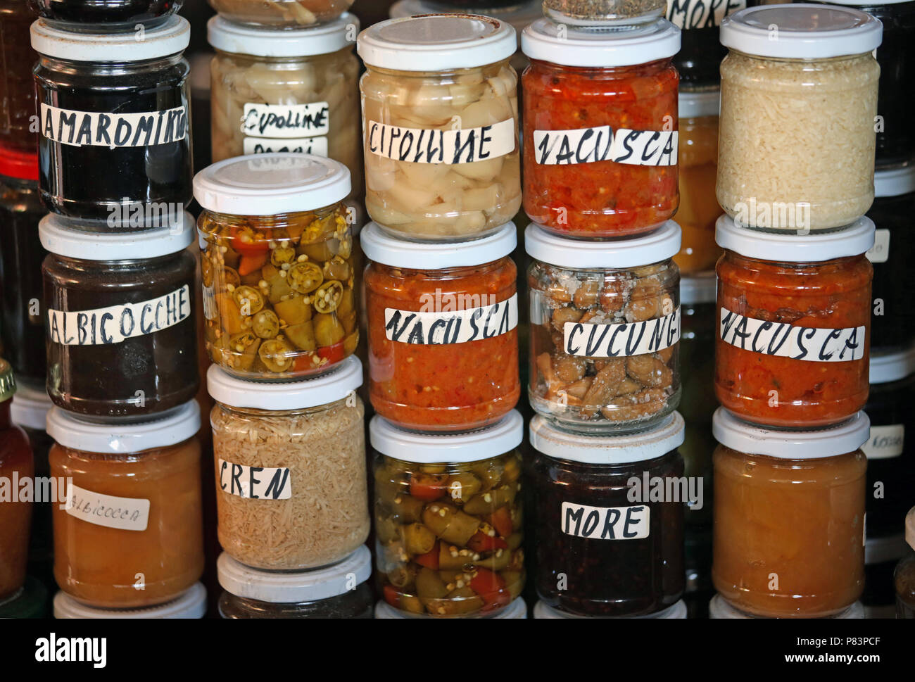Jars of labelled preserved pickles and vegetables, Ventotene, Pontine ...