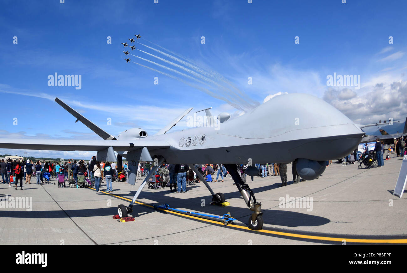 he MQ-9 Reaper is displayed at the 2018 Arctic Thunder Open House while ...