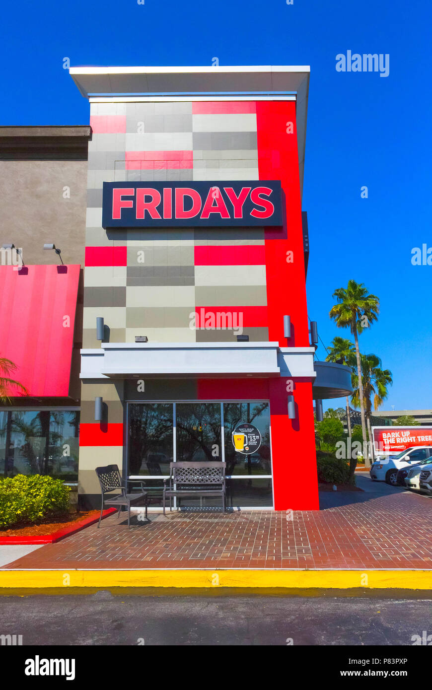 Orlando, USA - May 8, 2018: TGI Fridays exterior and logo. TGI Friday's ...