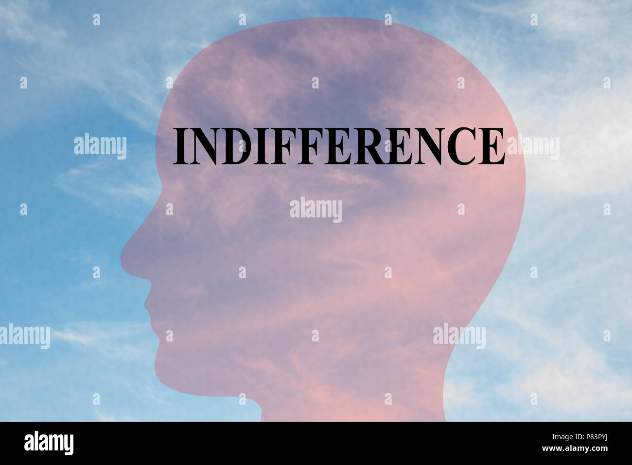 Render illustration of INDIFFERENCE title on head silhouette, with ...