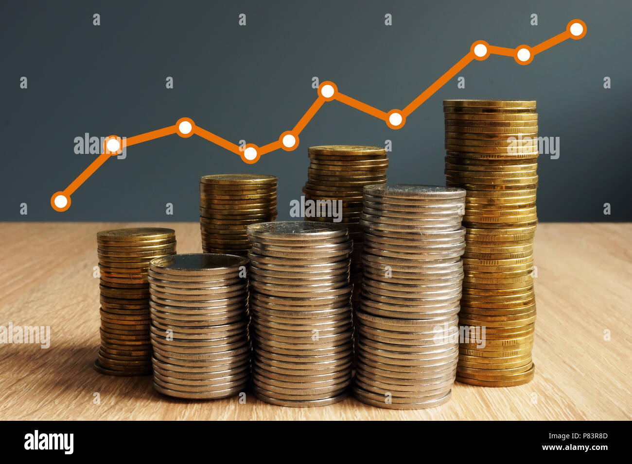 Wealth growth. Coins increase and financial chart. Business success ...