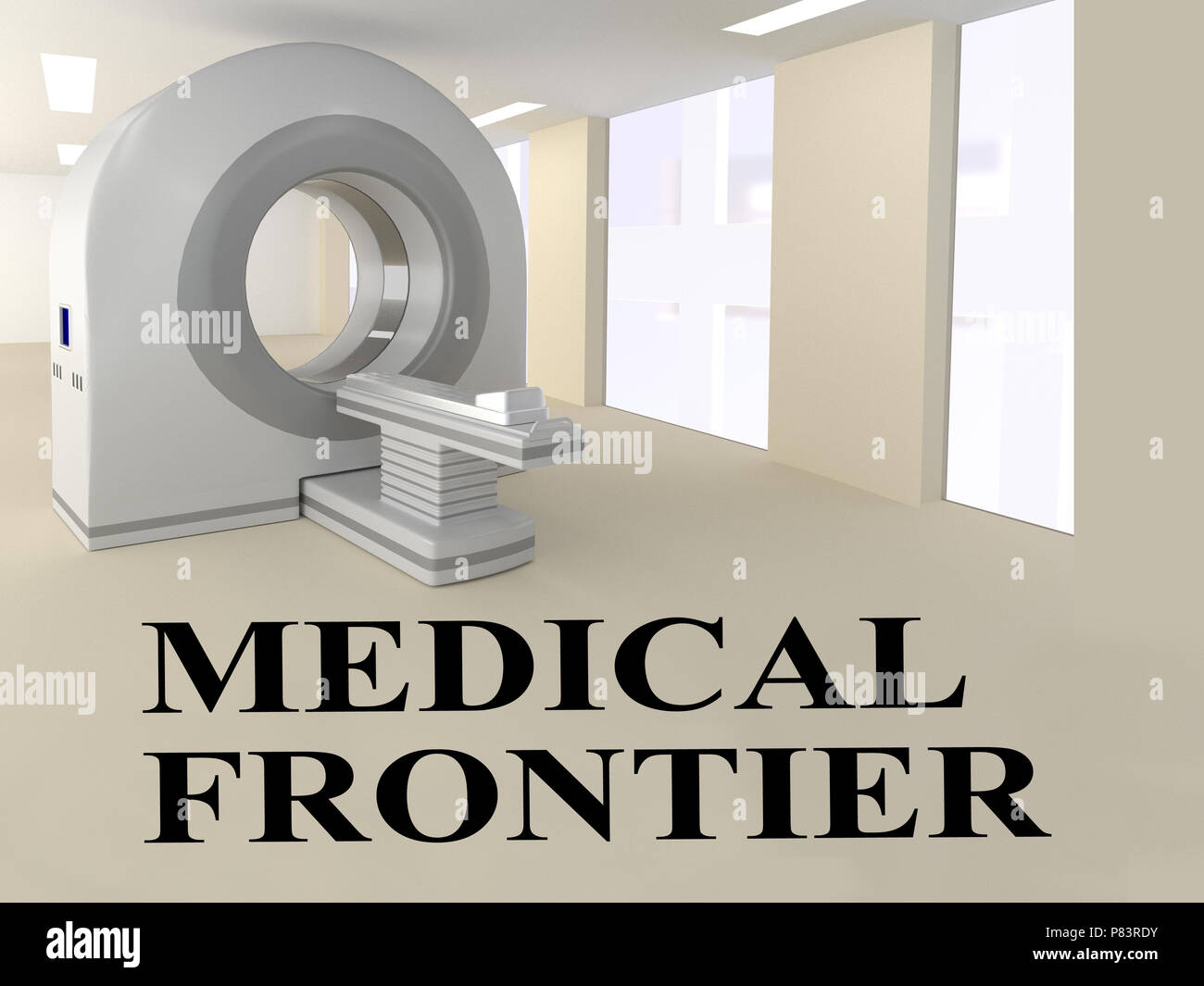 3D illustration of MEDICAL FRONTIER title with a scanner as a ...