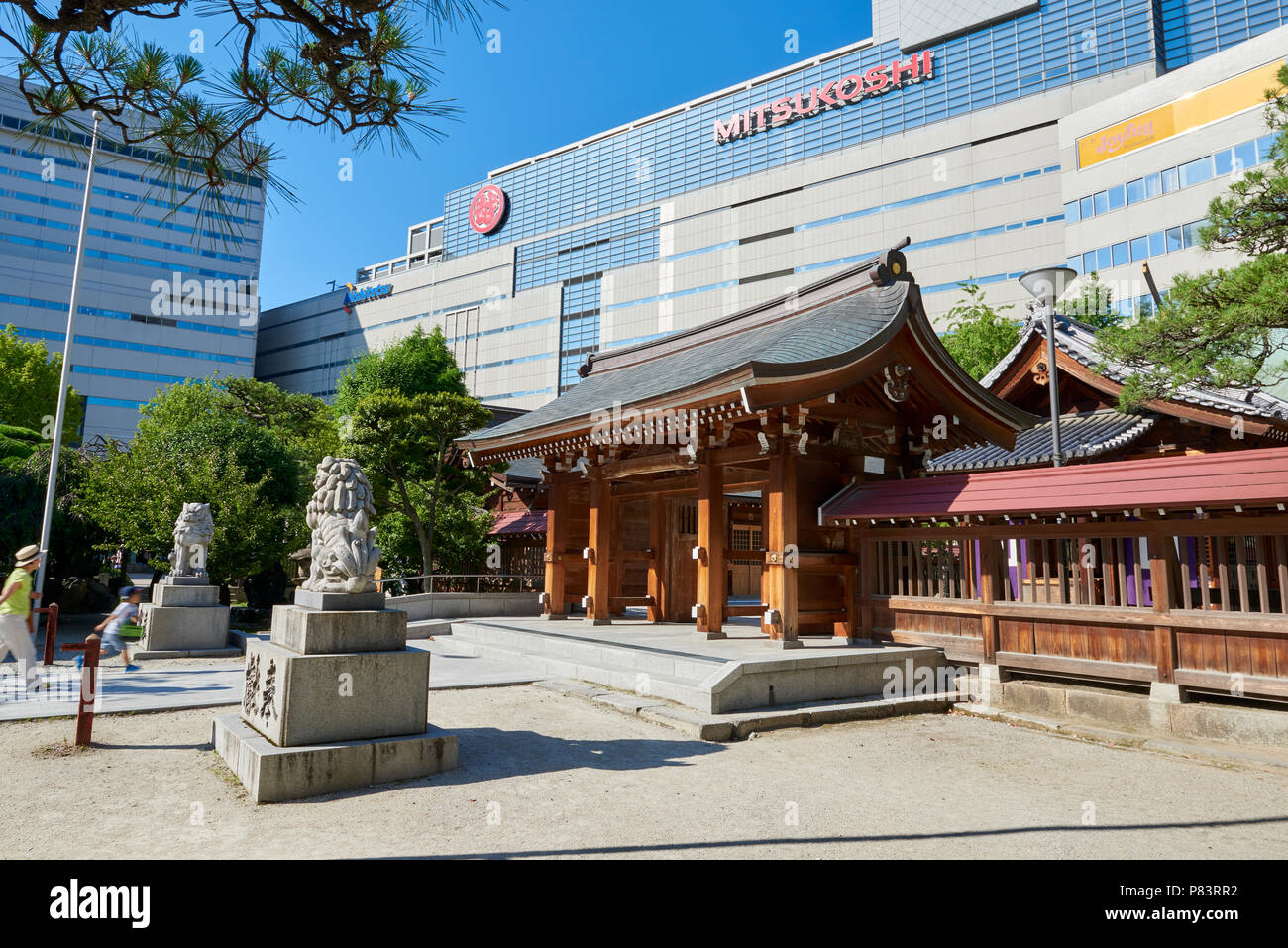 Low angle shot of komaine dog statues in Kego Shrine with modern shop ...