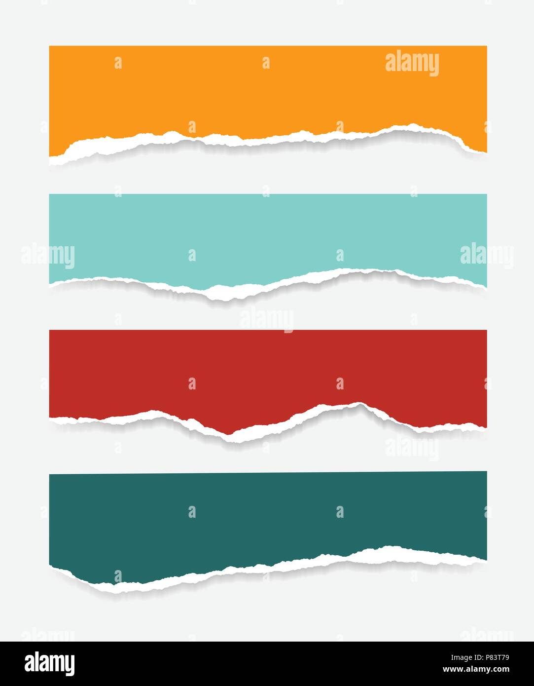 Four torn sheets of paper of different colors with shadow, isolated on ...