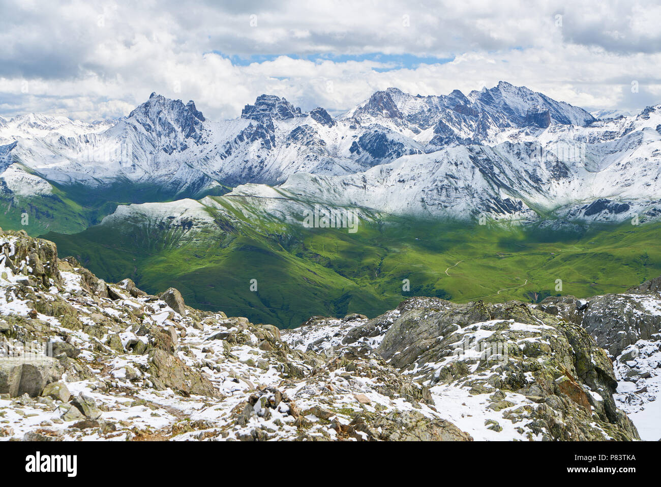 Snow border in the mountains of the French Alps in summer Stock Photo ...