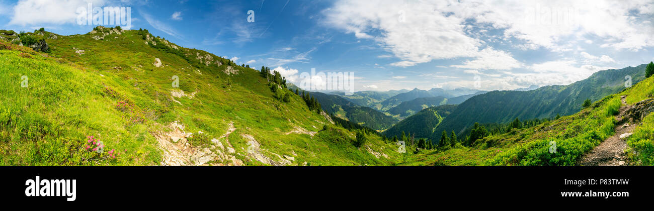 Panorama landscape in the mountains of the Alps in summer with a blue ...