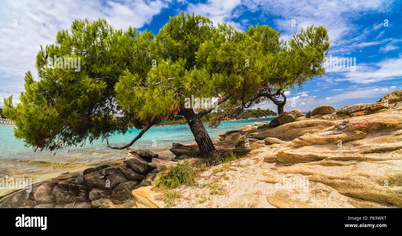 Beautiful panorama with the Mediterranean sea in Greece. crystal and ...