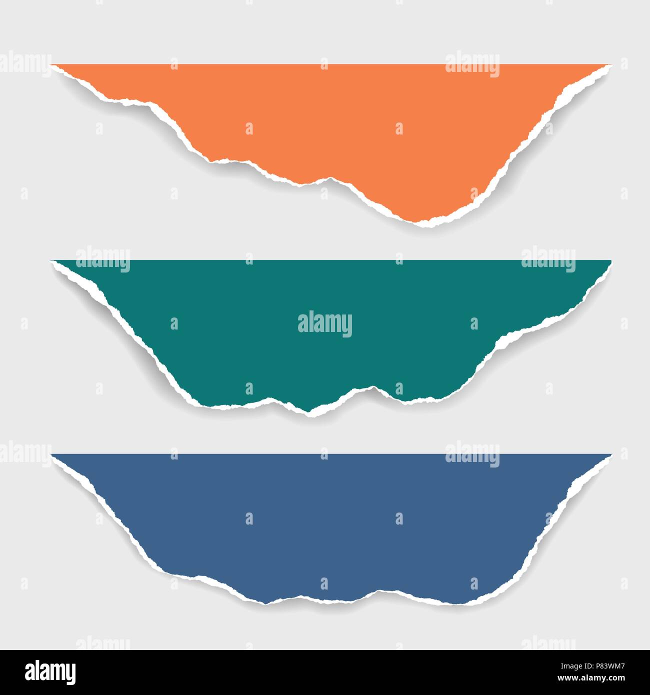 Three torn sheets of paper of different colors with shadow, isolated on ...