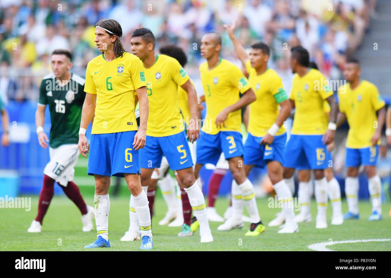 SAMARA, RUSSIA - JULY 02: Filipe Luis of Brazil reacts during the 2018 ...