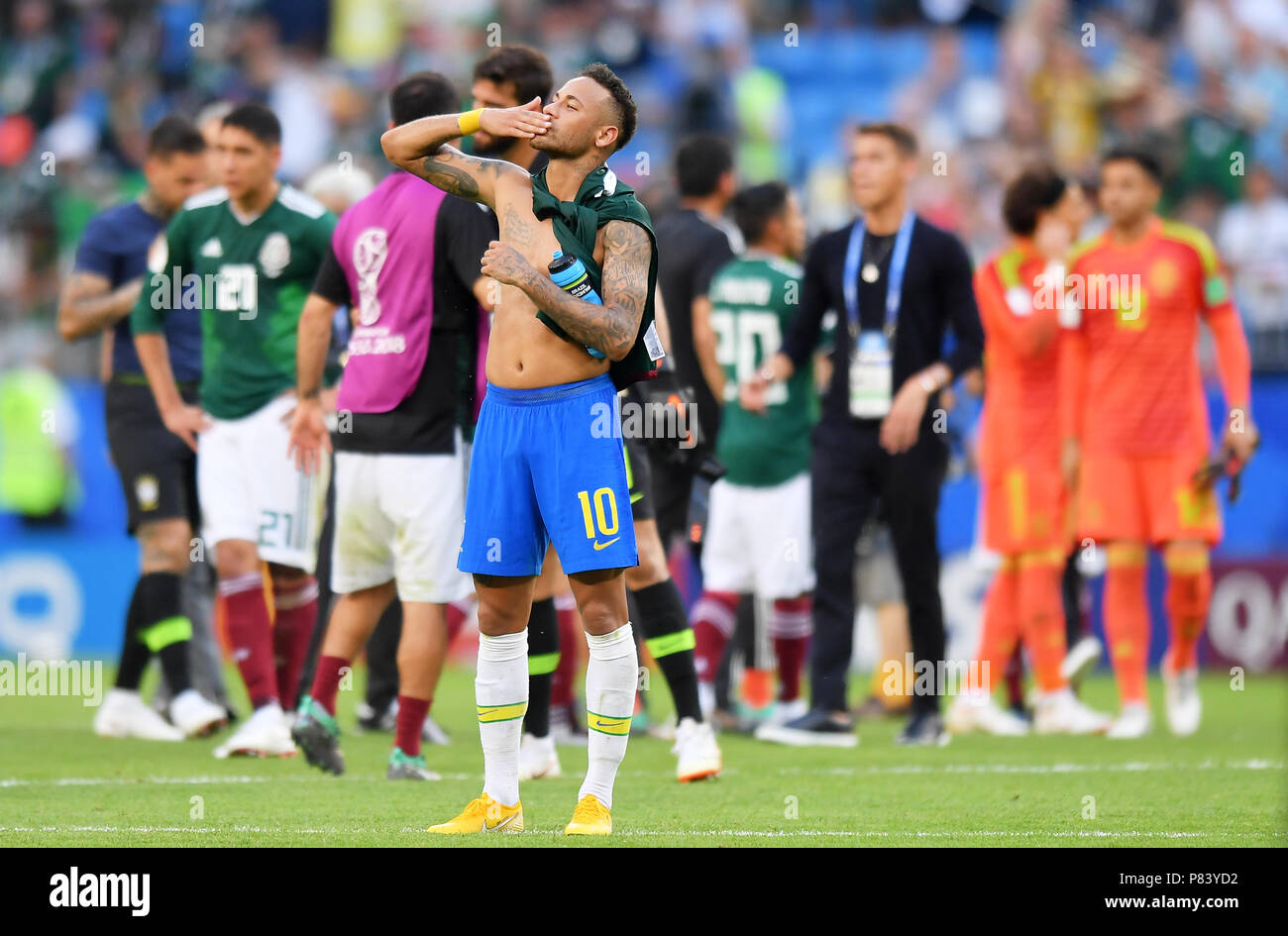 SAMARA, RUSSIA - JULY 02: Neymar of Brazil celebrates at full time ...