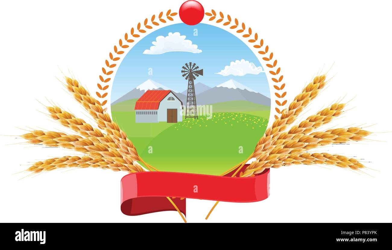 Farm landscape with wheat spikes circle round logo vector design for ...