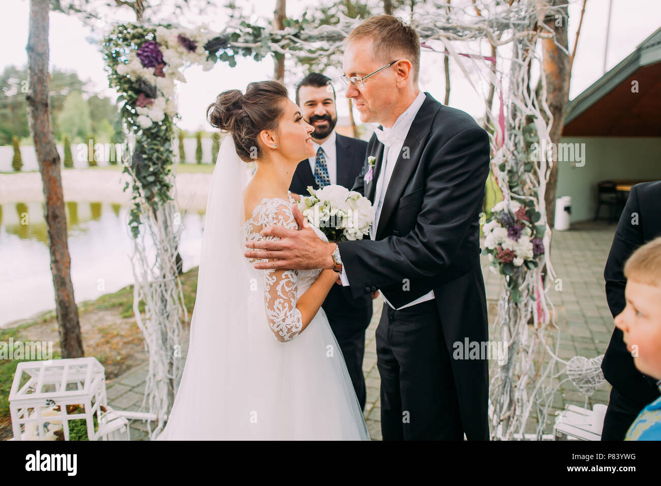 The open air wedding ceremony of the charming newlywed couple Stock ...