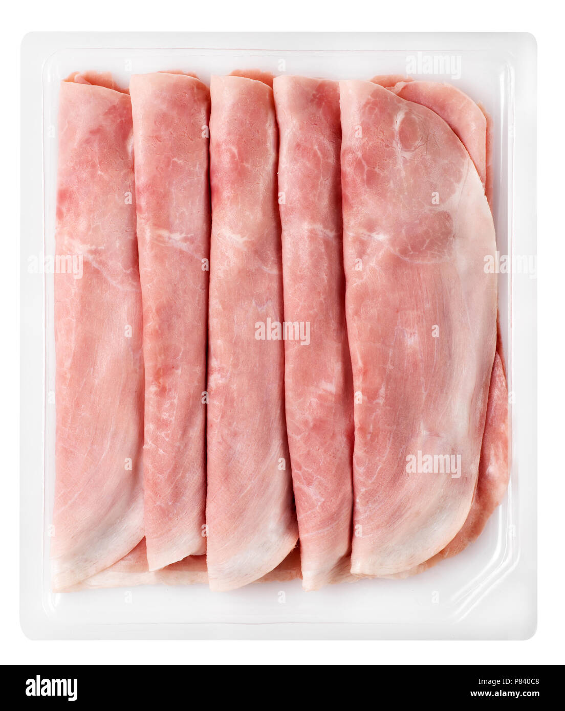 Flat lay view of baked ham slices lying in white tray Stock Photo - Alamy