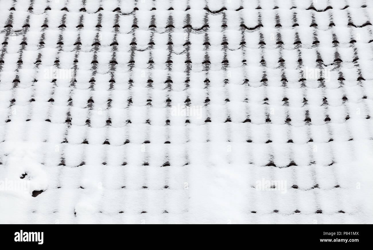 Metal tiling roof in winter season covered with snow, background ...