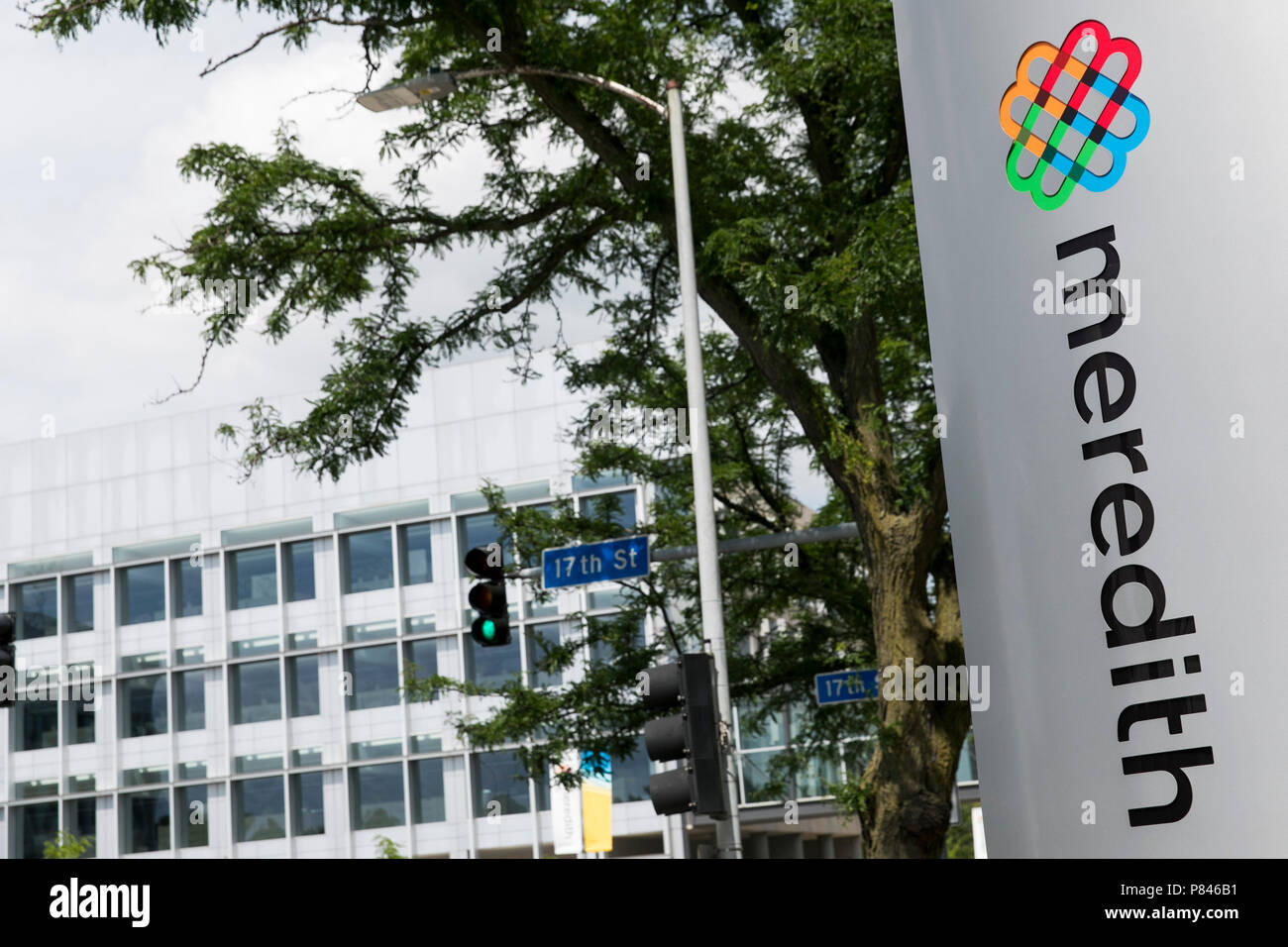 A logo sign outside of the headquarters of the Meredith Corporation in ...