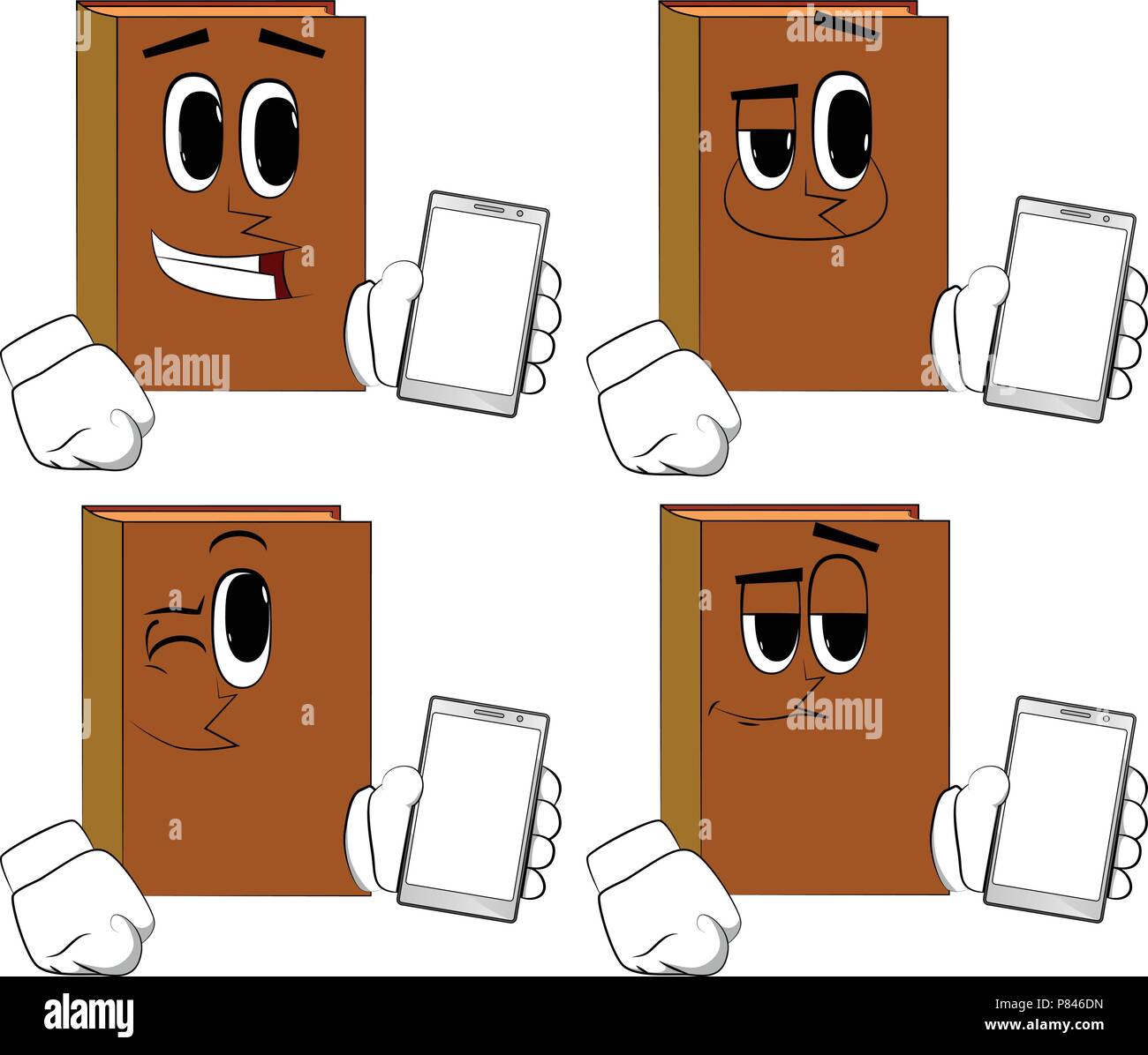 Books holding smartphone with blank white screen. Cartoon book ...
