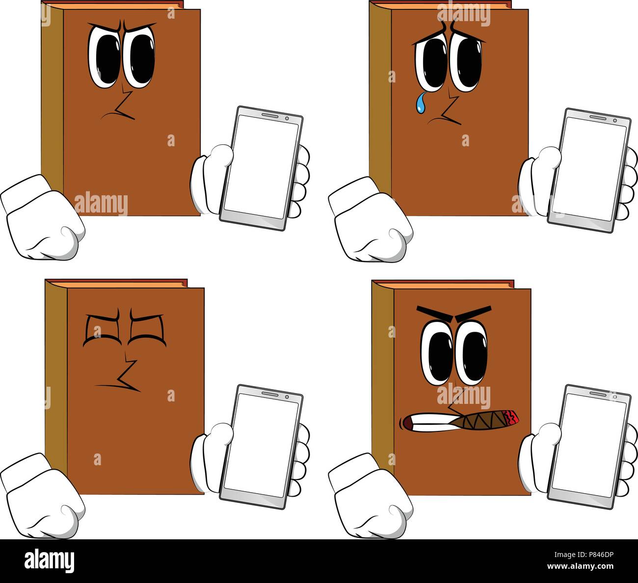 Books holding smartphone with blank white screen. Cartoon book ...