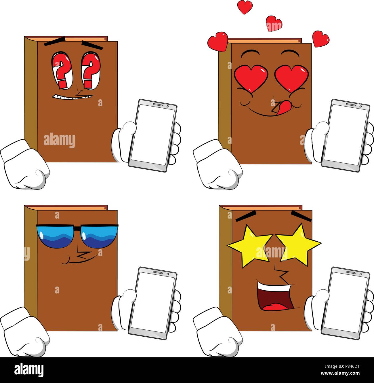 Books holding smartphone with blank white screen. Cartoon book ...