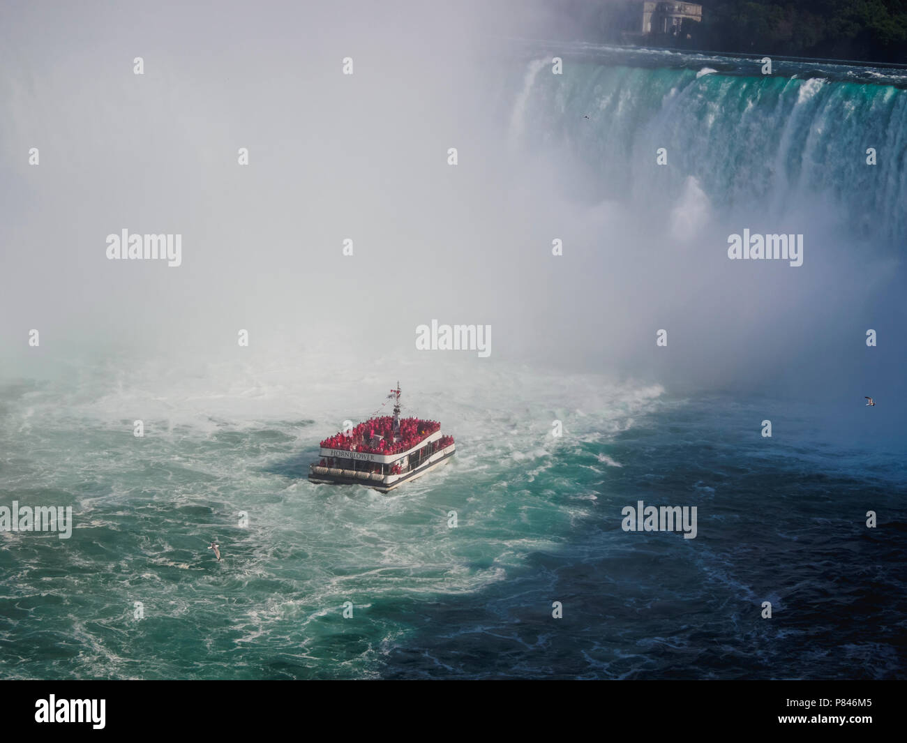 Hornblower full of tourists in front of Horseshoe Falls, Niagara Falls ...