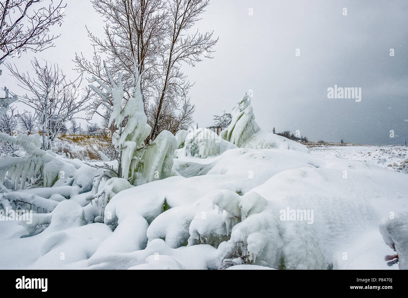 Winter wonderland of ice! with snow falling and the sun trying to peek ...