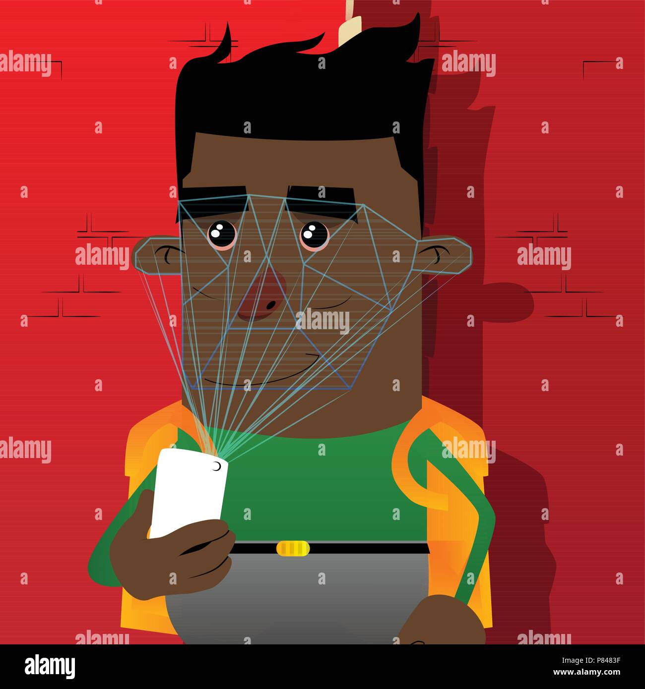 Schoolboy using face recognition system. Vector cartoon character ...