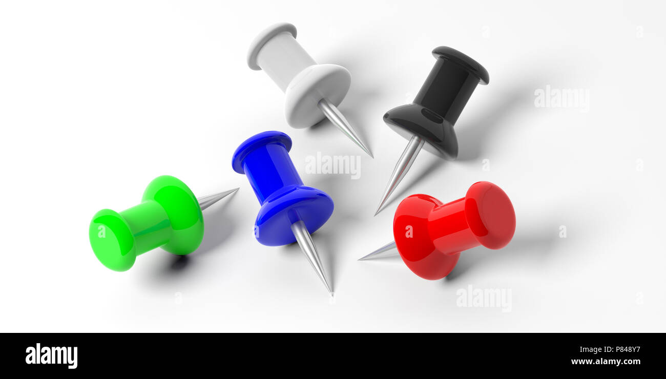 Stationery concept. Push pins in various colors, isolated on white ...