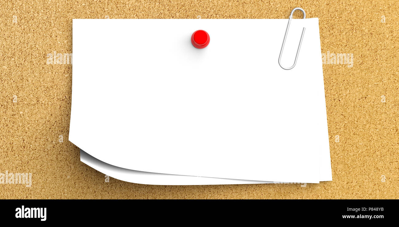 Reminder concept. White write notes with pushpin and paperclip isolated ...