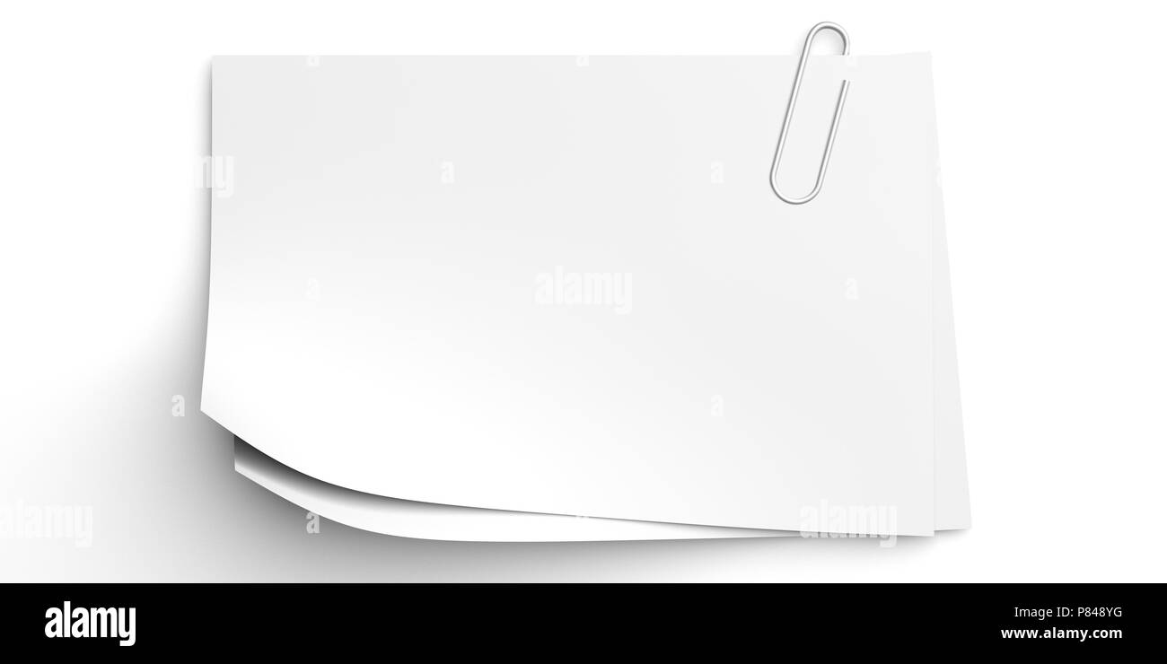 Reminder concept. White write notes with paperclip isolated on white ...
