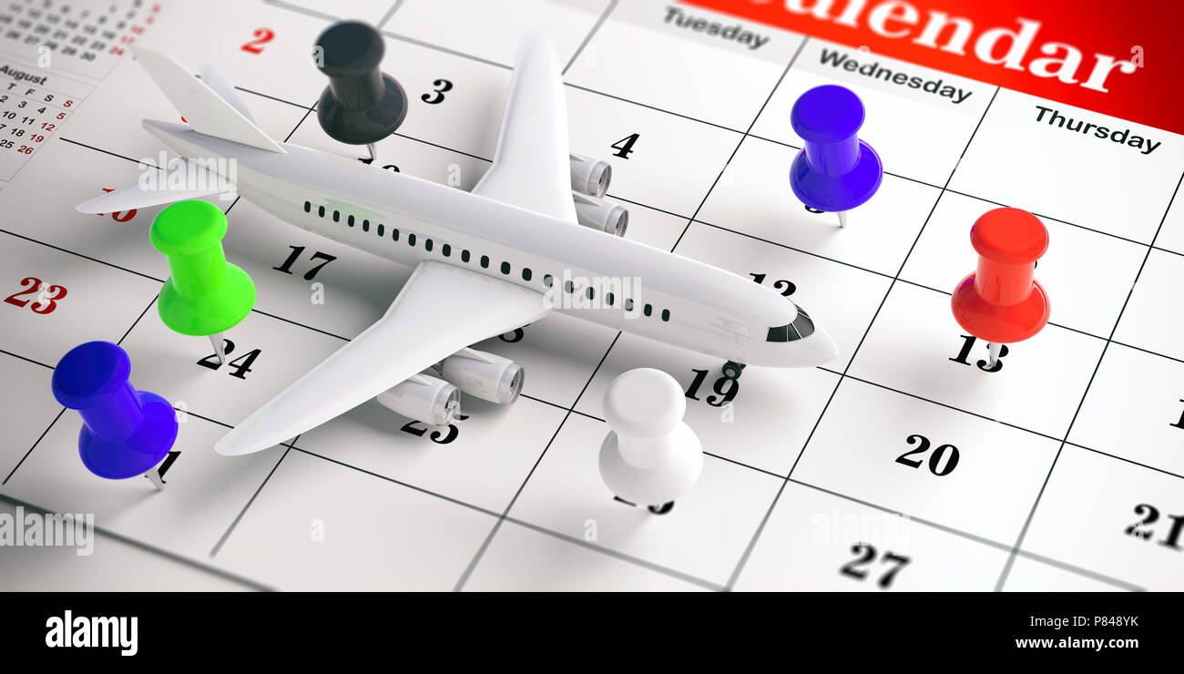 Planning vacation concept. Airplane white and colorful push pins, on a ...