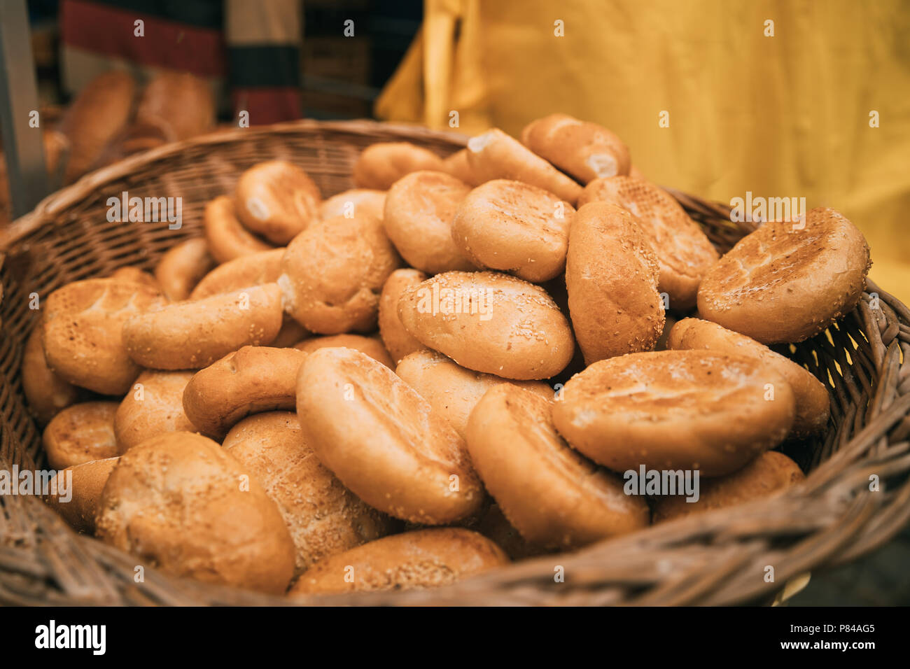 Rustic Homemade Bread In Old Wicker Basket Stock Photo - Alamy