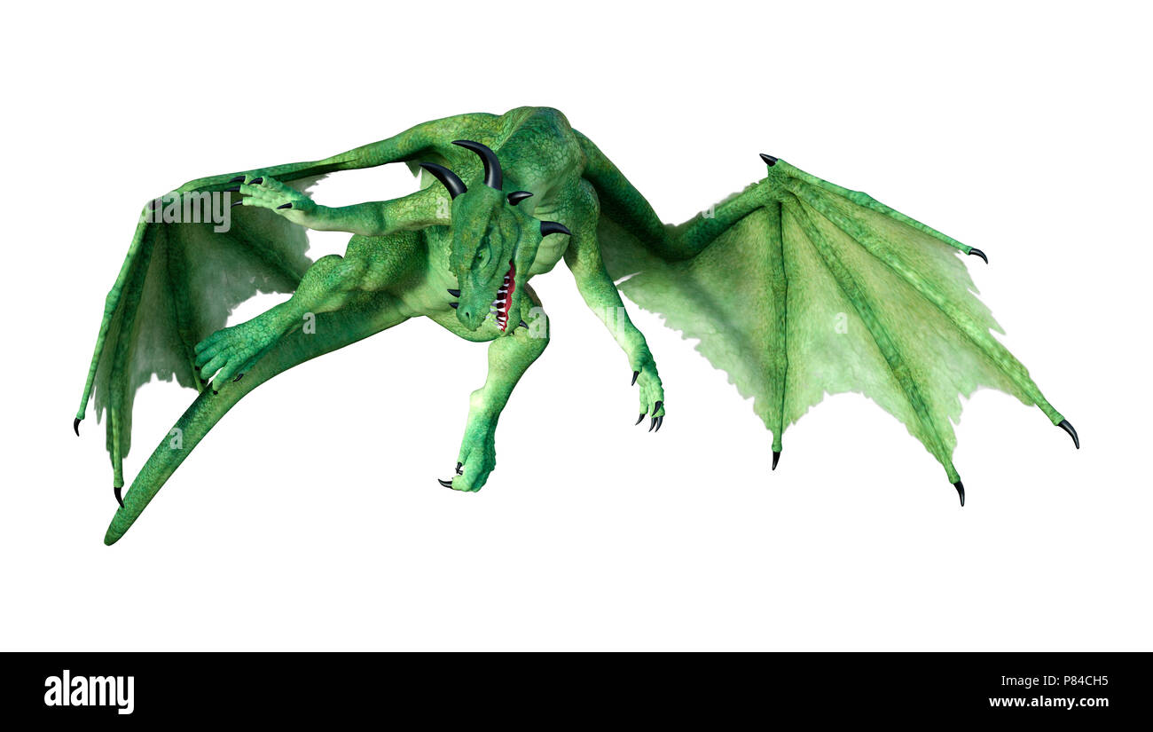 3D rendering of a green fairy tale dragon isolated on white background ...