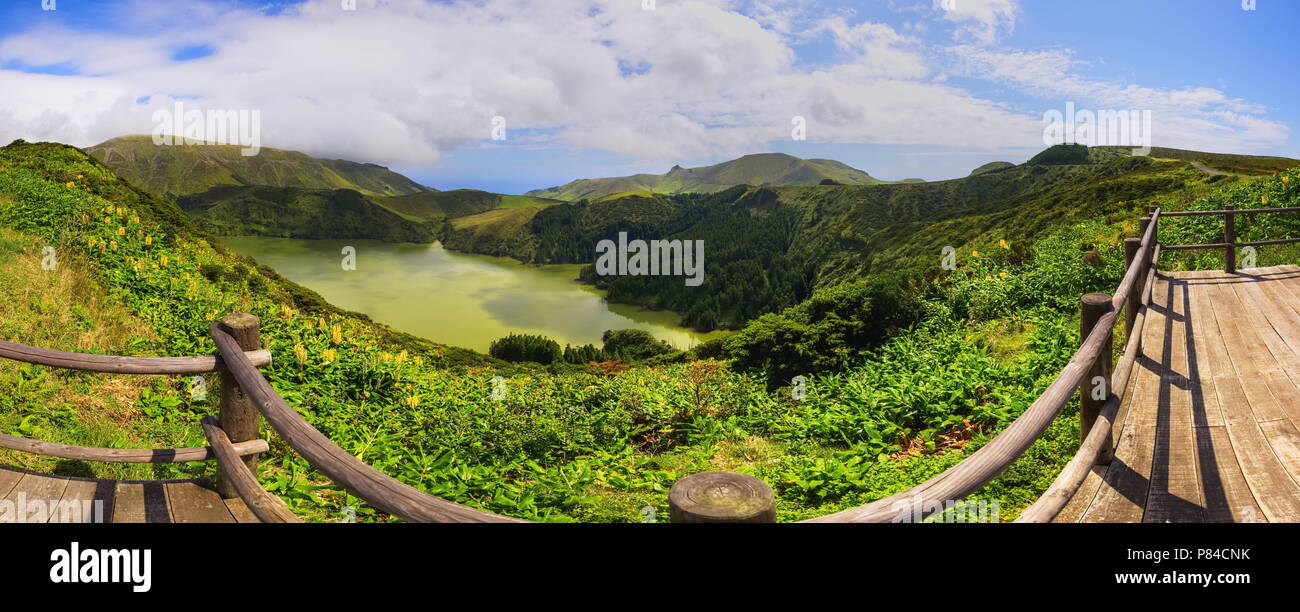 Panoramic view of lake Lagoa Funda on Flores island (Azores archipelago ...