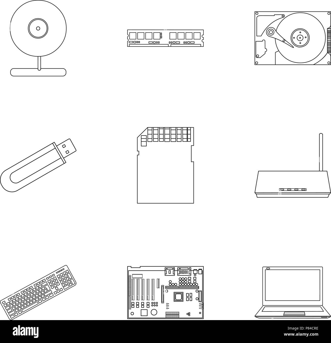 Personal computer set icons in outline style. Big collection of ...