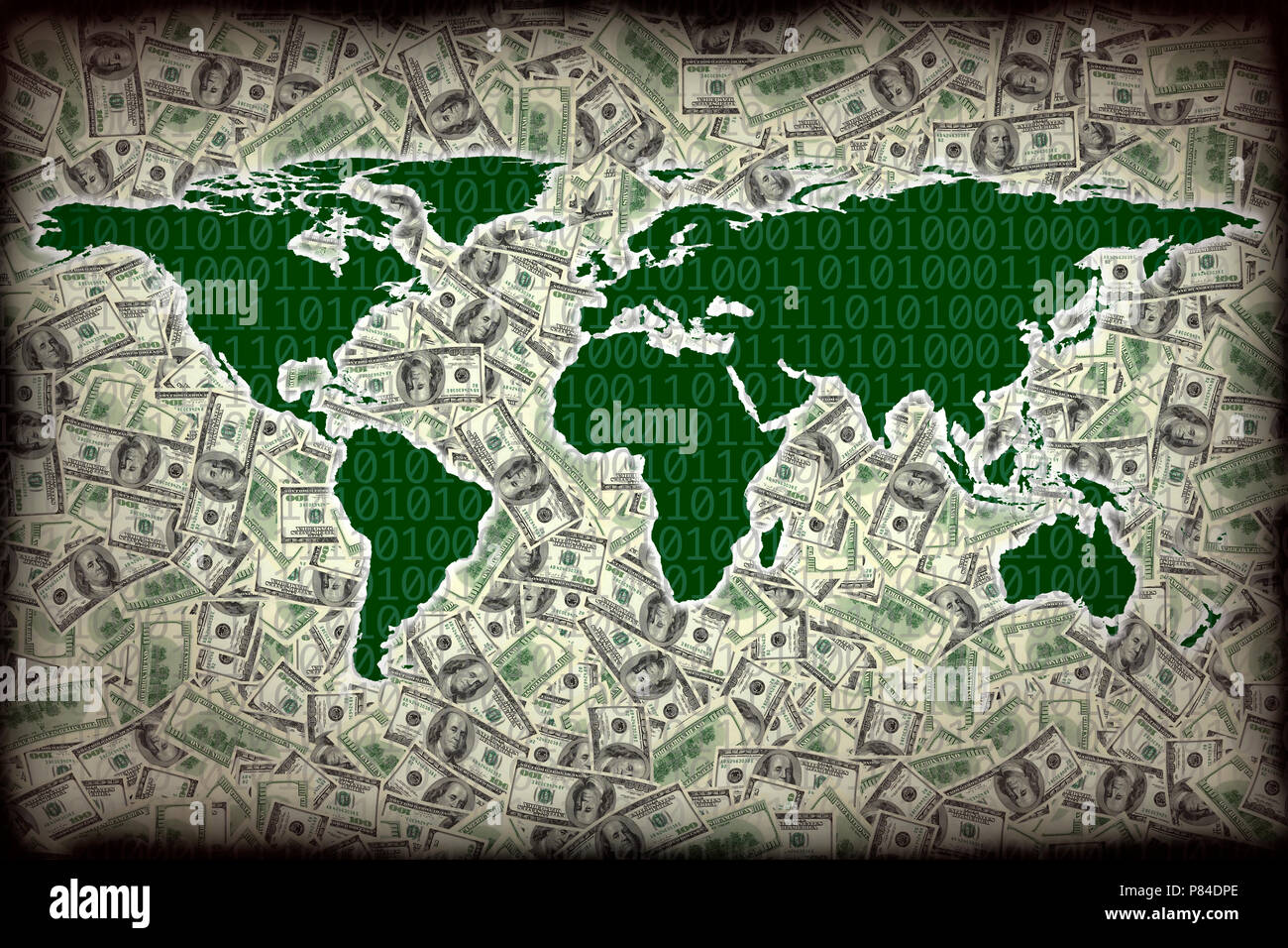 close up shot of a world map on dollar bill background Stock Photo - Alamy
