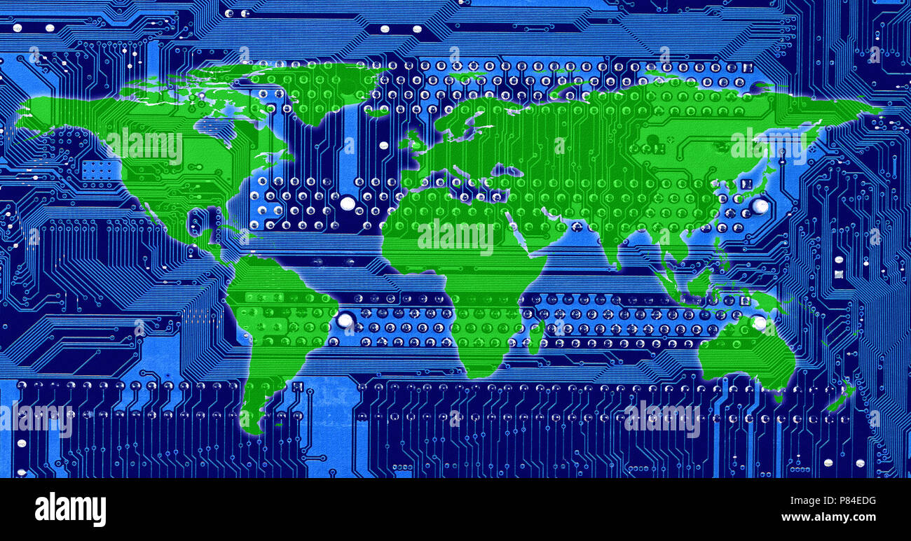 flat world map on blue computer circuitboard Stock Photo - Alamy