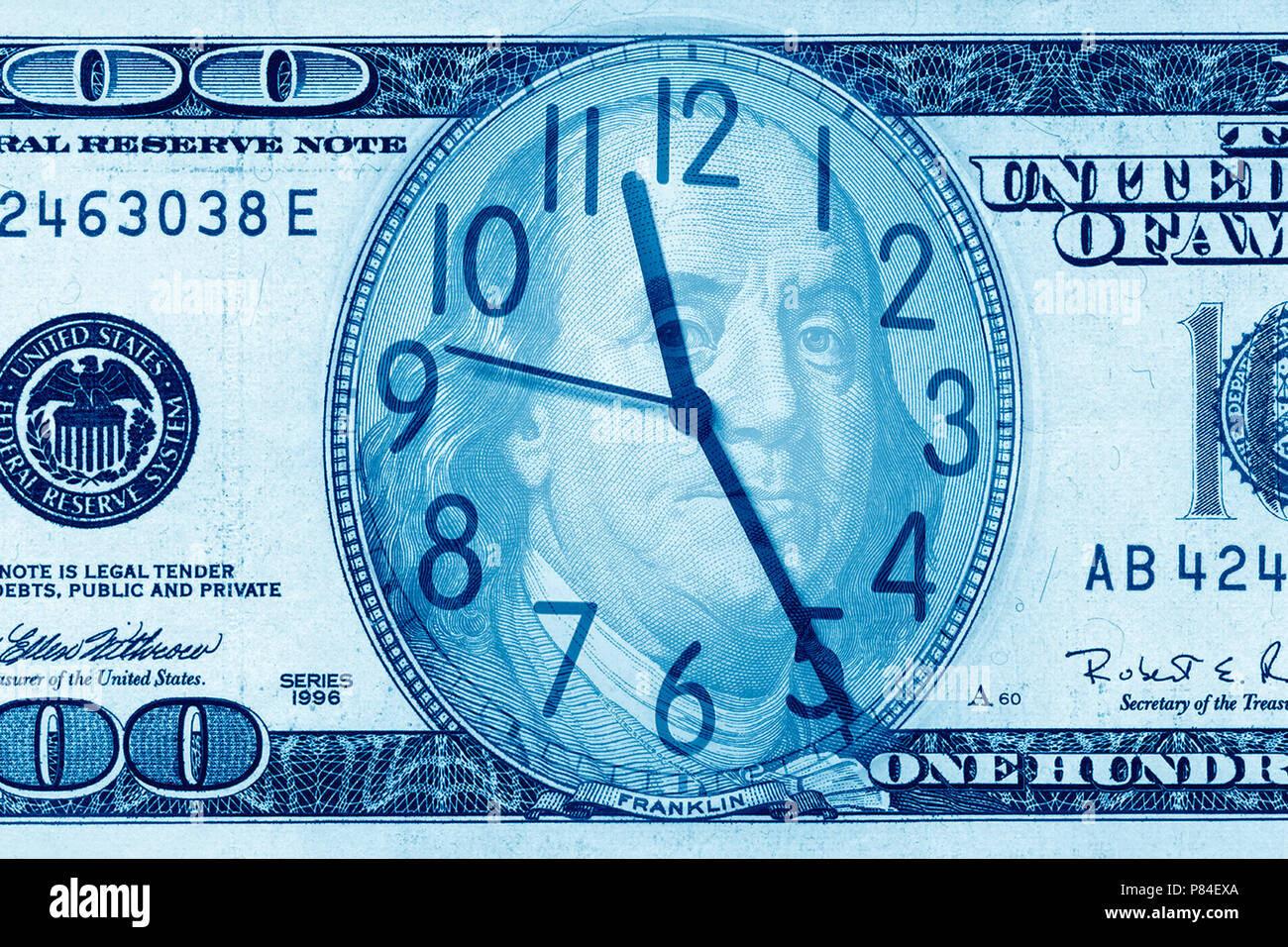 conceptual image of a clock on dollar bill background Stock Photo - Alamy