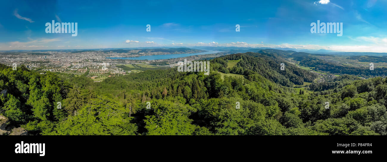 Panoramic view of Zurich lake and Alps from the top of Uetliberg ...